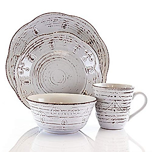 Elama Rustic Birch 16 Piece Embossed Scalloped Stoneware Round Dinnerware Set in White with Brown Accents