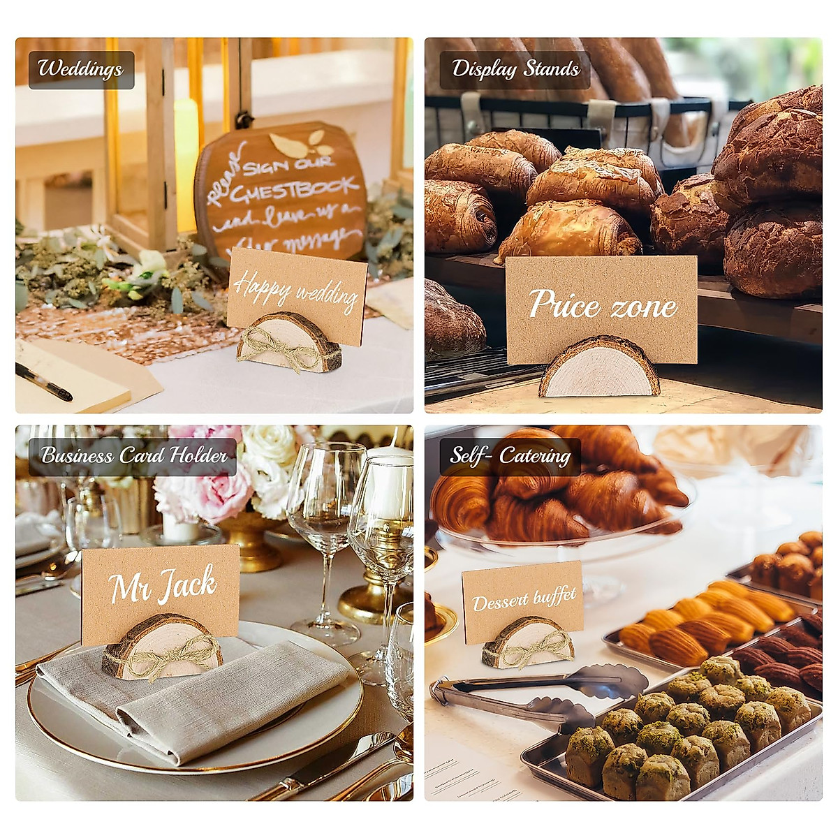 20 Premium Wood Place Card Holders, Rustic Mini Table Number Holders with 20 Kraft Table Place Cards and 50 m Natural Jute Rope, Table Sign Stand, Name Card Photo Picture Holders for Wedding Party