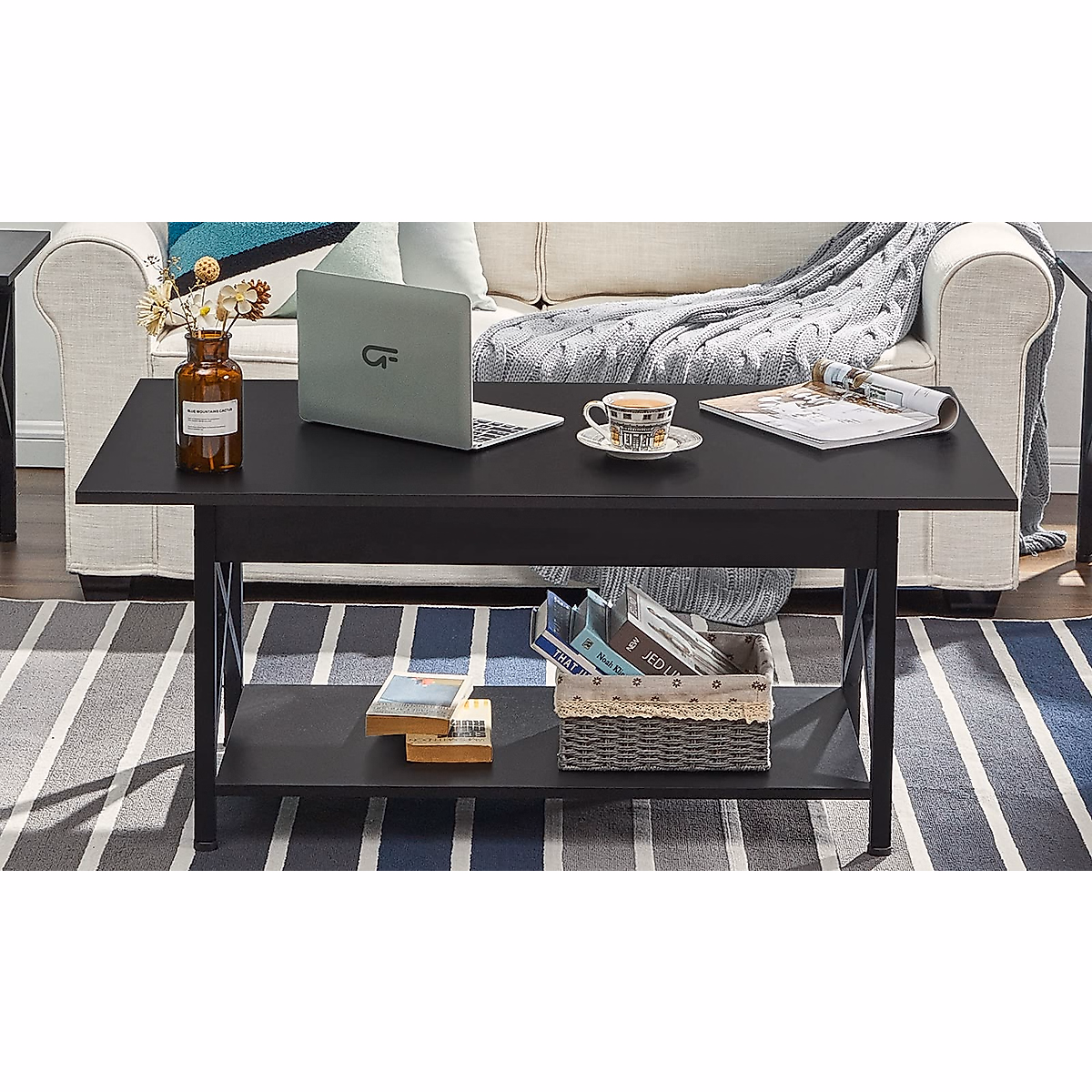 GreenForest Coffee Table Large 43.3 x 23.6 inch with Storage Shelf for Living Room, Easy Assembly, Black