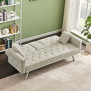 Tufted Recliner Sofa, YOGLAD Convertible Fabric Sofa Bed, Modern Style Futon with Cup Holder, Couch with Metal Legs & Pillow, for Living Room, Apartment (Beige, Linen Sofa, 75"*30")