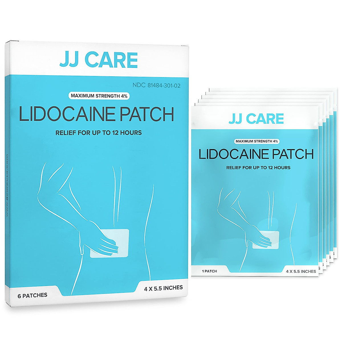 JJ CARE Lidocaine Patches (Pack of 6), 4% Lidocaine Patches Maximum Strength, 4"x5.5" Lidocaine Back Pain Relief Patches for Fast Numbing of Aches, Back, Neck, Muscle Soreness, Lasting Up to 12Hrs