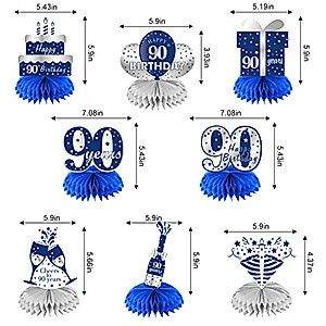 Kauayurk 8Pcs 90th Birthday Honeycomb Centerpieces Decorations for Men, Blue Silver 90 Year Old Birthday Table Centerpiece Party Supplies, 90 Birthday Table Topper Decor Sign