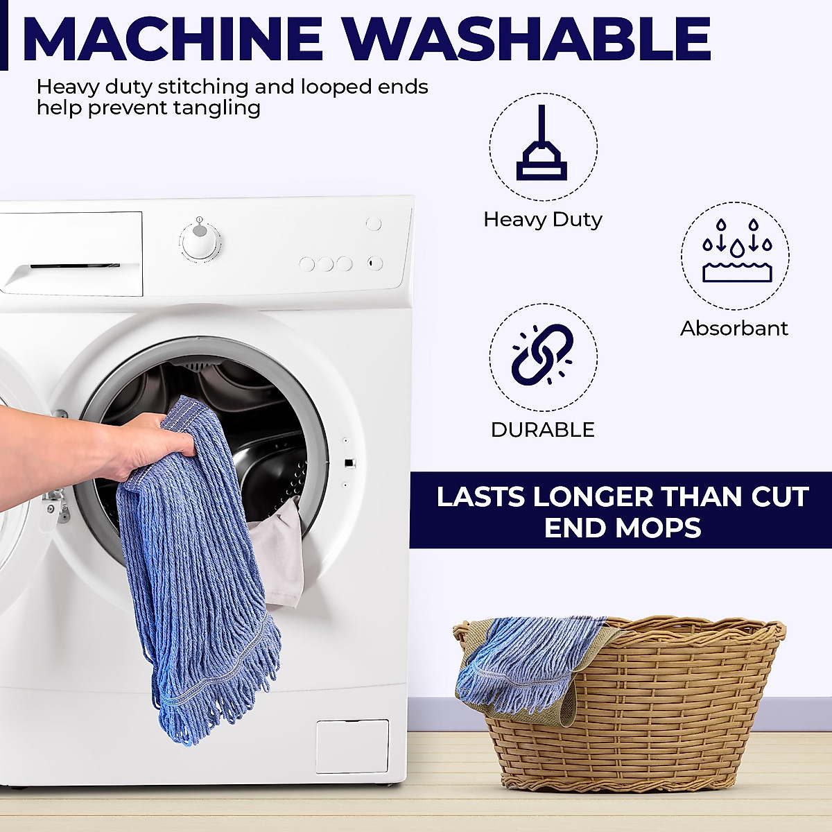 Innovative Haus 3 Pack Heavy Duty Blue Commercial Mop Head Replacement - Synthetic Cotton Blend Looped End String Mop Refill - Industrial Grade Cleaning Use Wet Mop Heads - Durable Universal Headband