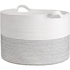 INDRESSME XXXLarge Cotton Rope Basket 21.7" x 21.7" x 13.8" Woven Baby Laundry Basket for Blankets Toys Storage Basket with Handle Comforter Cushions Storage Bins Thread Laundry Hamper-Black Stitch