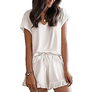 Ekouaer Women Silk Satin Pajama Set V Neck Pj Set Short Sleeve Lounge Set Satin Pajamas Set White Small