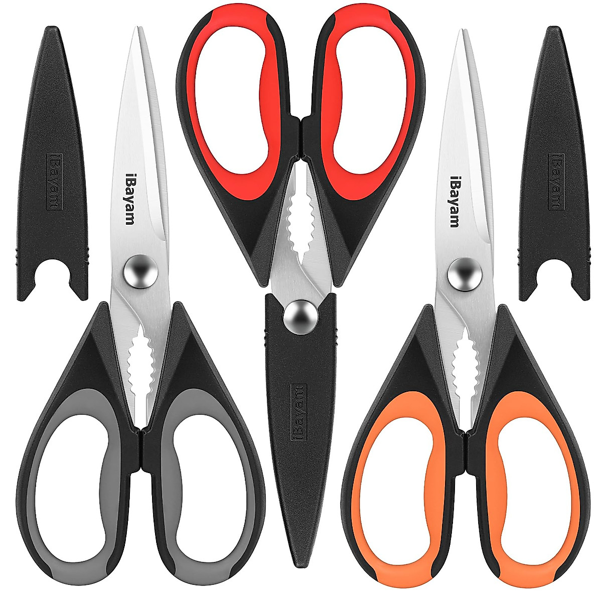 iBayam 3-Pack Kitchen Scissors All Purpose Kitchen Shears Heavy Duty Scissors with Protective Sheath for Food, 8.5" Comfort Grip Stainless Steel Dishwasher Safe Cooking Scissors, Kitchen Utensils