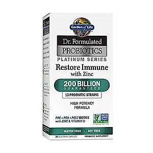 Garden of Life Dr. Formulated Probiotics Platinum Series Restore Immune with Zinc and Vitamin D - 200 Billion CFU Guaranteed, Prebiotic Postbiotic Probiotic for Digestion, Immune Support, 28 Capsules