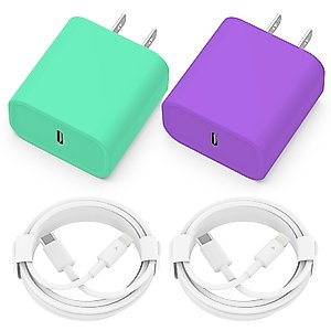 Phone Charger [MFi Certified] 2 Pack 20W PD USB C Wall Fast Charger Adapter with 2 Pack 6FT Type C to Ligh.tning Cable Compatible for iPhone 14 13 12 11 Pro Max XR XS X,i.Pad (Purple+Green)