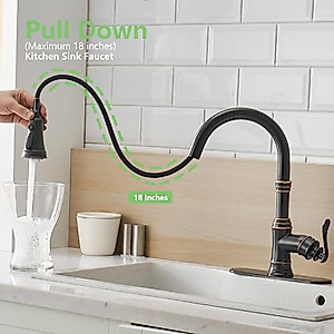 BATHLAVISH Bronze Kitchen Sink Faucet Oil Rubbed with Pull Down Sprayer Commercial Farmhouse Single Hole Single Handle with Hole Cover Plate Solid Brass Lead-Free