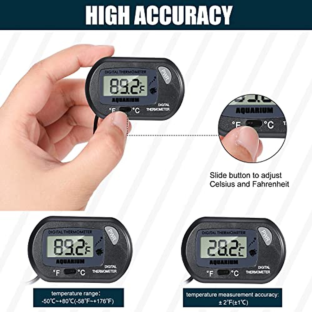 8 Pack Aquarium Thermometer Fish Tank Thermometer LCD Digital Thermometer Water Thermometer Reptile Thermometer with Suction Cup and 3.3ft Cord Fahrenheit/ Celsius for Fish Tank Terrarium Reptile