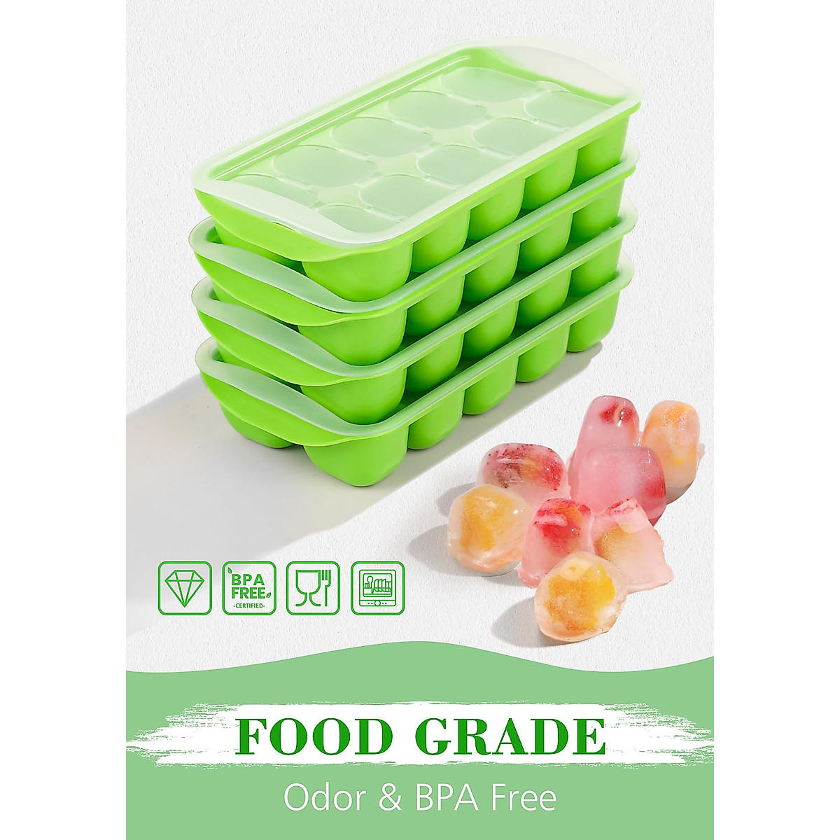 DOQAUS Ice Cube Tray with Lid and Bin, 4 Pack Ice Trays for Freezer, Easy Ice Pop Out Silicone Ice Cube Trays for Freezer with Cover, Stackable Storage Compact Ice Bucket Kits for Popsicles