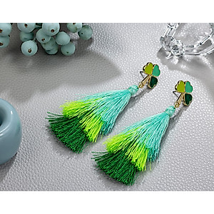 St Patrick's Day Earrings for Women, Shamrock Layered Tassel Earrings, Irish Green Clover Earrings for Women, St Patrick's Day Accessories, Bohemian Green Tassel Earrings