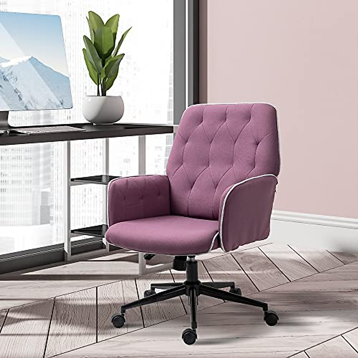Vinsetto Modern Mid-Back Tufted Spandex Home Office Desk Chair with Adjustable Height, Swivel Adjustable Task Chair with Padded Armrests, Purple