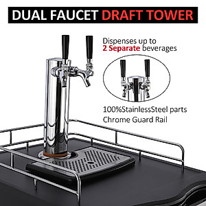 Kegerator and Keg Beer Cooler, Dual Tap Draft Beer Dispenser, Full Size Keg Refrigerator With Shelves, Stainless Steel, Drip Tray & Rail，silver