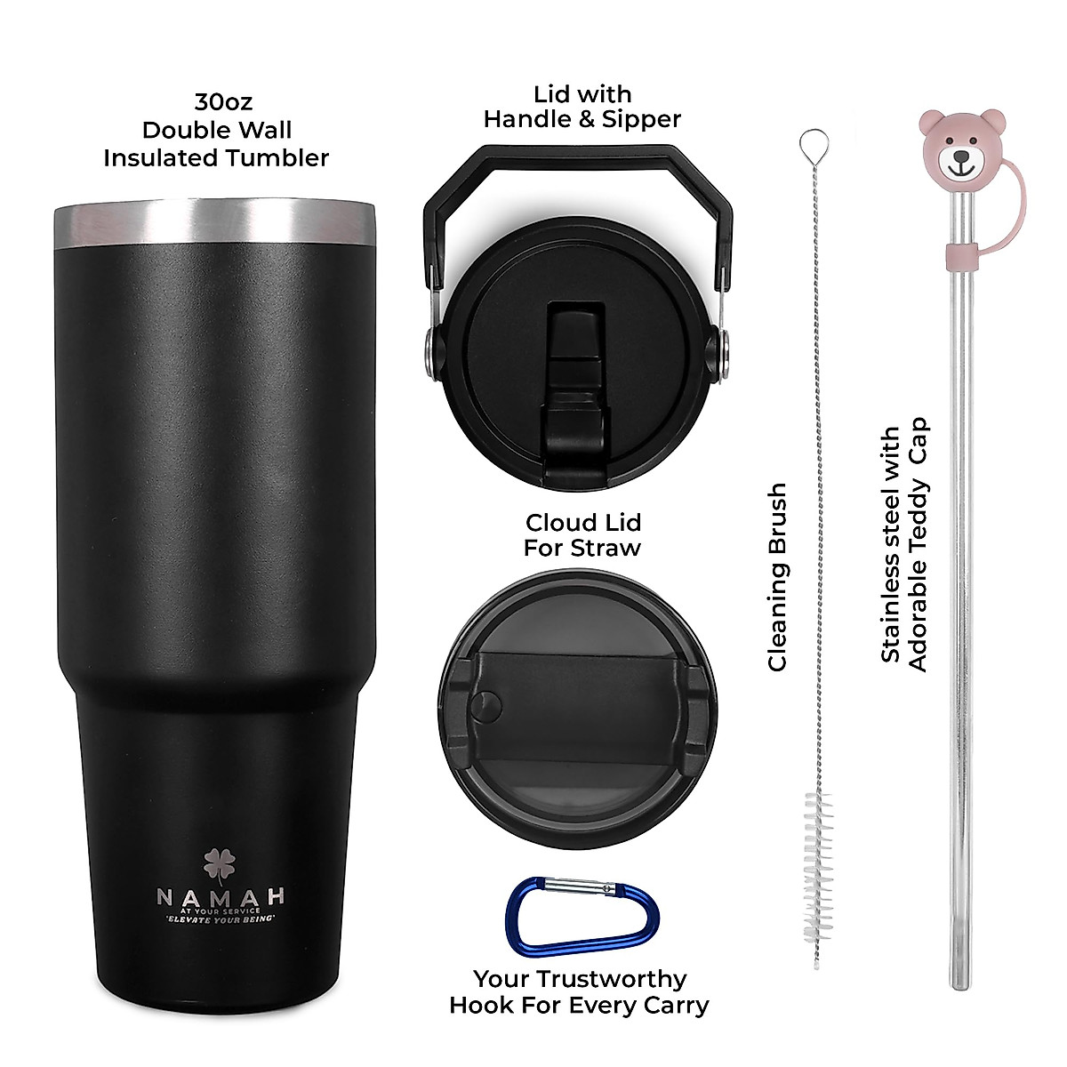 30 oz Stainless Steel Vacuum Insulated Tumbler with Handle Lid and Straw Leak and Spill Proof Travel Tumbler Cup with 2 Lids and Teddy Straw Cap Water Tumblers for Women and Men 890 ml