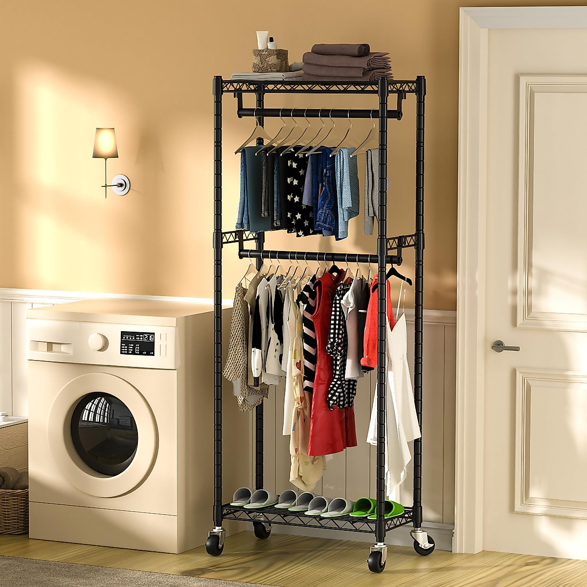 Soywey Heavy Duty Wire Garment Rack, 31.5" L x 15.6" W x 78.6" H Clothing Rack Clothes Rack for Hanging Clothes Metal Free Standing Clothes Rack Wire Metal Clothing Rack Closet（Black）