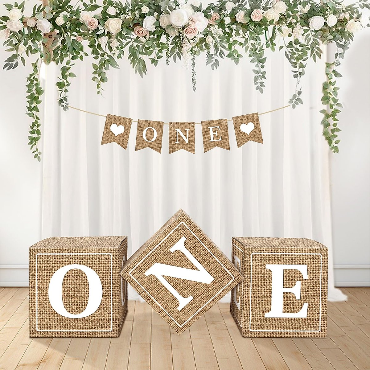 Neutral Burlap Print ONE Boxes for 1st First Birthday Decorations, Large 3Pcs Rustic Boho ONE Sign Boxes with Letters and ONE High Chair Banner