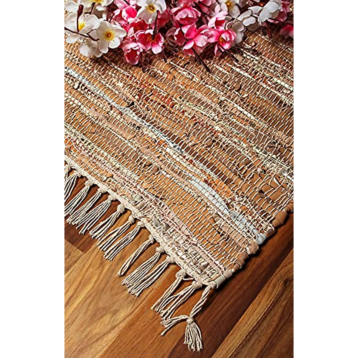 Leather Multi Rug Hand Woven and Hand Stiched, Made of Genuine Leather Strips, Fringe Trim, Durable, Stain Resistant, Leather Chindi Rug, Living Room Leather Rug, Eco Friendly - Beige 36x48 Inch