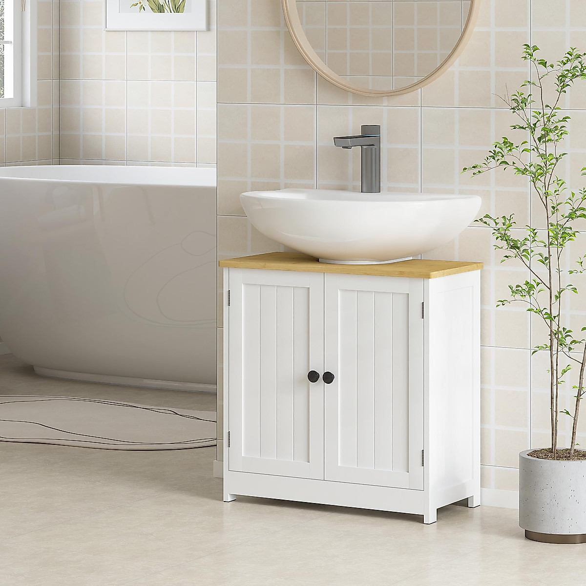 kleankin Modern Bathroom Under Sink Cabinet, Bathroom Vanity for Wall Mount Sink, Storage Cabinet with Double Doors and Adjustable Shelf, White