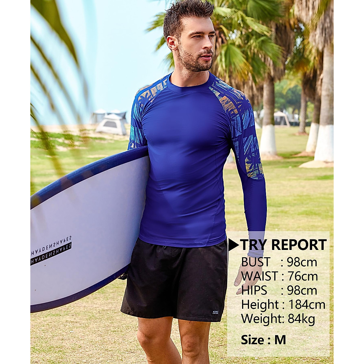 HUGE SPORTS Men's Rash Guard Long Sleeves UPF 50+ UV Sun Protection Quick Drying Splice Compression Swim Shirts(Tropical Style,L)