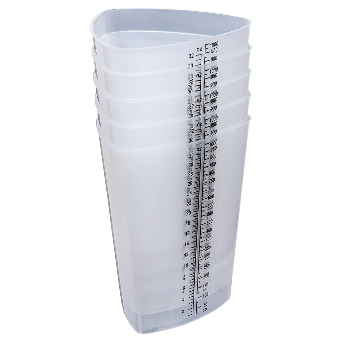 Plastic Graduated Triangular Intake Output Container [5 Pack] 32 Ounce Three-Sided Translucent Laboratory Beaker for Measuring and Mixing - Clear Markings in oz and cc - for Specimen, Paint and Epoxy