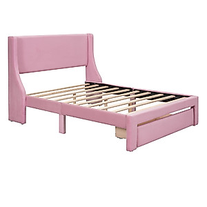 Anwickhomk Queen Size Fabric Upholstered Platform Bed Frame, Modern Upholstered Platform Bed with Headboard, with Big Storage Drawer,Heavy Duty Bed Frame with Wood Slat Support, Pink