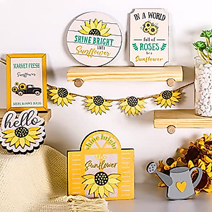 7 Pieces Summer Tiered Tray Decor Set Summer Wood Sign Rustic Farmhouse Decor Wooden Kitchen Tiered Tray Sign Decorative Trays Signs for Summer Home Kitchen Table Shelf (Sunflower Style)