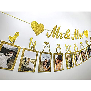 Wedding Decorations,Mr & Mrs Banner and Photo Banner with Picture Card Frames for Wedding/Engagement/Anniversary Party Decorations(Gold Glitter)
