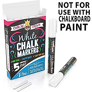 CHALKY CROWN Liquid Chalk Marker Pen - White Drawing Chalk - Chalk Markers for Chalkboard Signs, Windows, Blackboard, Glass - 6mm Reversible Tip (5 Pack) - 24 Chalkboard Labels Included