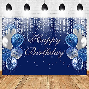 Mocsicka Royal Blue and Silver Happy Birthday Backdrop Blue Balloons Glitter Bokeh Dots Photography Background for Adults Women Birthday Party Decoration Banner Photo Booth Props (7x5ft)