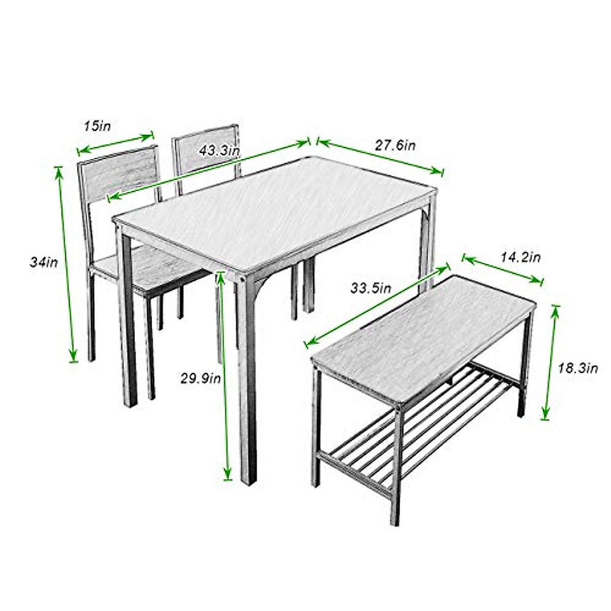 DlandHome Dining Table Set, Kitchen Table Set Breakfast Table Set, 4 Piece Kitchen Dining Room Table Sets with 2 Chairs and 1 Bench, Kitchen Coffee Table Set Modern Table Set