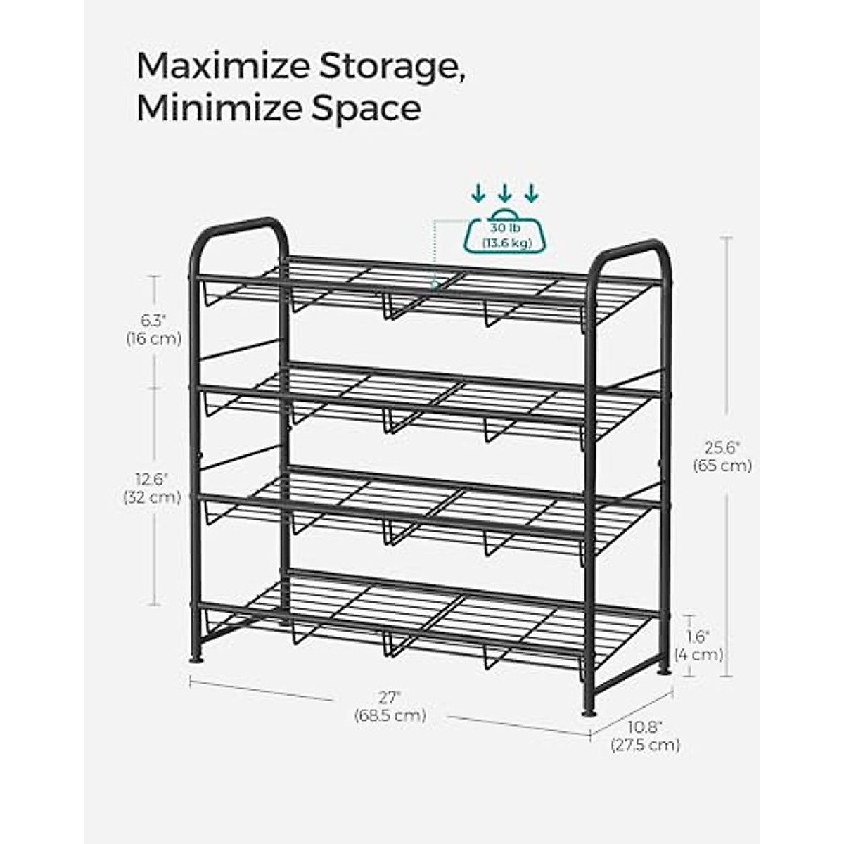SONGMICS Stackable Shoe Rack, 4 Tier Metal Shoes Rack Storage Shelf, Holds up to 20 Pairs Shoes, Adjustable Slanted Shelves Shoe Tower Organizer for Closet Entryway Small Spaces, Black