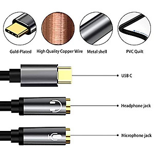 Yeung Qee USB C Headsets Adapter Y Splitter with Separate Headphone and Microphone Plugs Type C Stereo Audio Male to Dual Female Headphone Mic Y Splitter Cable Adapter (6ft)