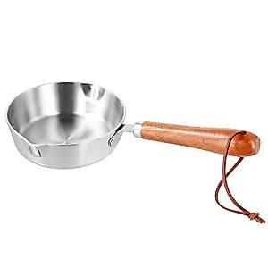 QWORK Butter Warmer Pot with Wooden Handle, Stainless Steel Milk Frothing Pitcher, 6.8oz Milk Warmer Pot Sauce Pan - Dual Pour Spouts, for Coffee, Latte Art, Melting Chocolate, Heating, and Cooking