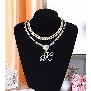 KOHOTA Gold Cuban Link Chain for Women Cursive Initial Pendant Necklace Layered Heart Shaped Zirconia Iced Out Chain Bling Necklace 24K Gold Plated Luxury Hip Hop Jewelry