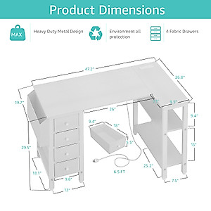 Lufeiya White L Shaped Computer Desk with Drawers & Storage Shelves, 47 Inch Corner Desk with Power Outlet for Home Office Bedroom, L-Shaped Teen PC Desks with Fabric Drawer, White