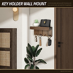 Rebee Vision Farmhouse Key Holder Wall Mount - Small Key and Mail Holder for Wall with 4 Hooks and Mini Floating Shelf - Ideal Apartment Essentials for Room Decor Aesthetic (Rustic Brown)