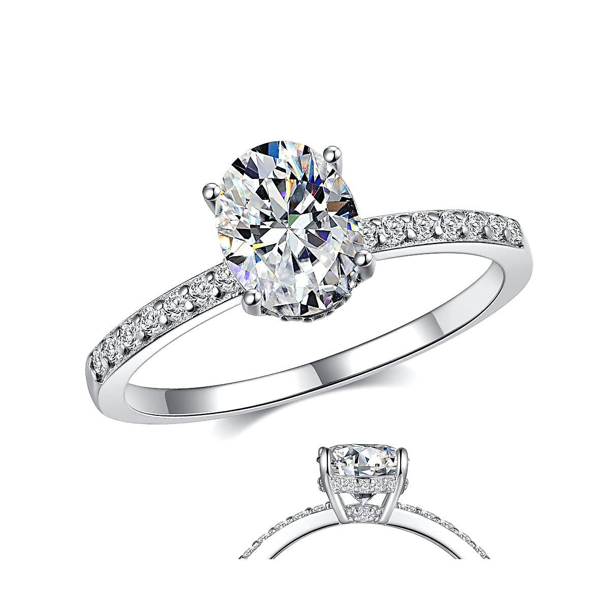 2CT Oval Cut Moissanite Engagement Ring for Women, Brilliant D Color VVS1 Clarity Lab Grown Diamond Ring 18K White Gold Vermeil 925 Sterling Silver Moissanite Engagement Wedding Promise Ring Size