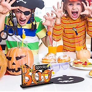 Blulu 3 Happy Halloween Table Decorations, Pumpkin Table Centerpieces Boo Sign Wooden Candy Day for Halloween Party Dinner Coffee Table Topper Tier Tray Room Decor, 7.87 x 4.72 Inch