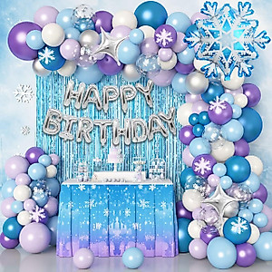 116Pcs Froozen Balloon Garland Arch Kit, Snowflake Blue Purple Confetti Balloons Fringe Curtain for Winter Wonderland Christmas Baby Shower Snow Princess Froozen Birthday Party Supplies Decorations