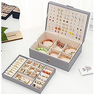 QBestry Stud Earring Organizer for Women Girls Gray Jewelry Box for Earrings Necklace Jewelry Organizer,Girls Earring Box for Womens Necklace Holder Rings Organizer Bracelet Earring Storage Case,Grey