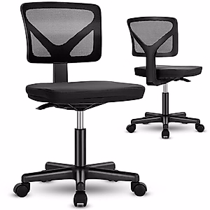 DUMOS Armless Desk Chairs with Wheels Cute Home Office Chair No Arms, Ergonomic Adjustable Swivel Rolling Task Chair, Comfy Mesh Mid Back Computer Work Vanity Chair for Small Spaces, Dark Black