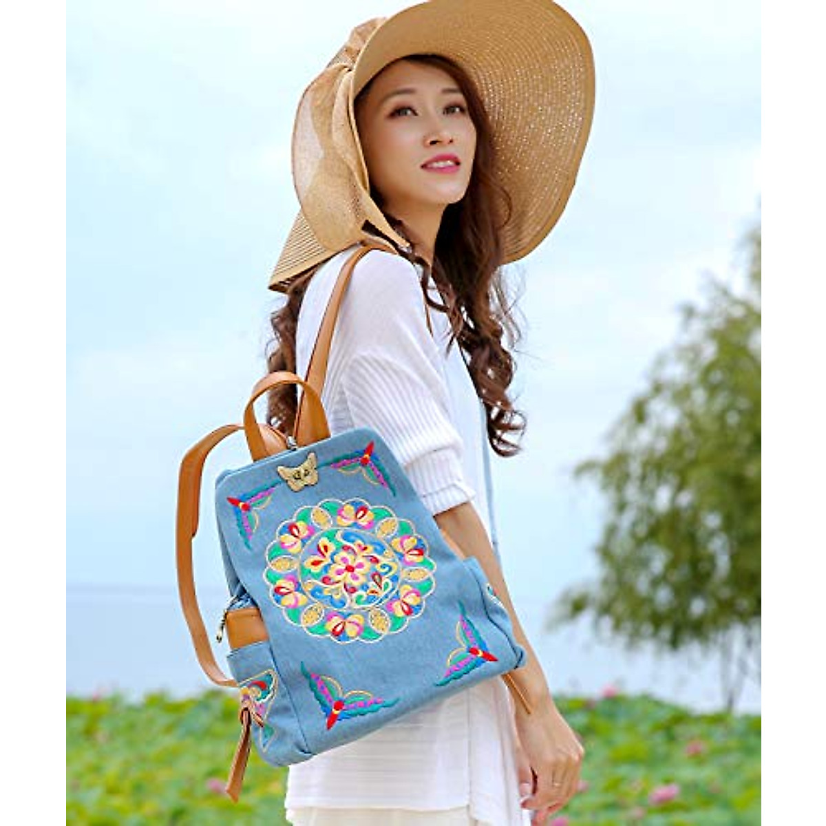 Jursccu Denim Embroidered Floral Canvas Backpacks for Women Anti theft Retro Jeans Travel Ethnic Style Shoulder Bag one-size