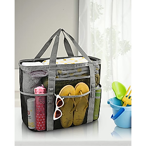Extra Large Mesh Tote Bag with Multiple Pockets, Heavy Duty Beach Bag for Family Trip Camping Swimming