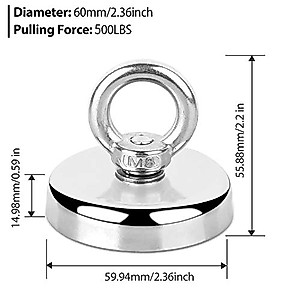 Fishing Magnets 2 Pack, 500lbs Pulling Force Super Strong Round Neodymium Rare Earth Magnet with Countersunk Hole Eyebolt for Magnetic Fishing, River, Salvage, Treasure Hunting, 2.36" Diameter