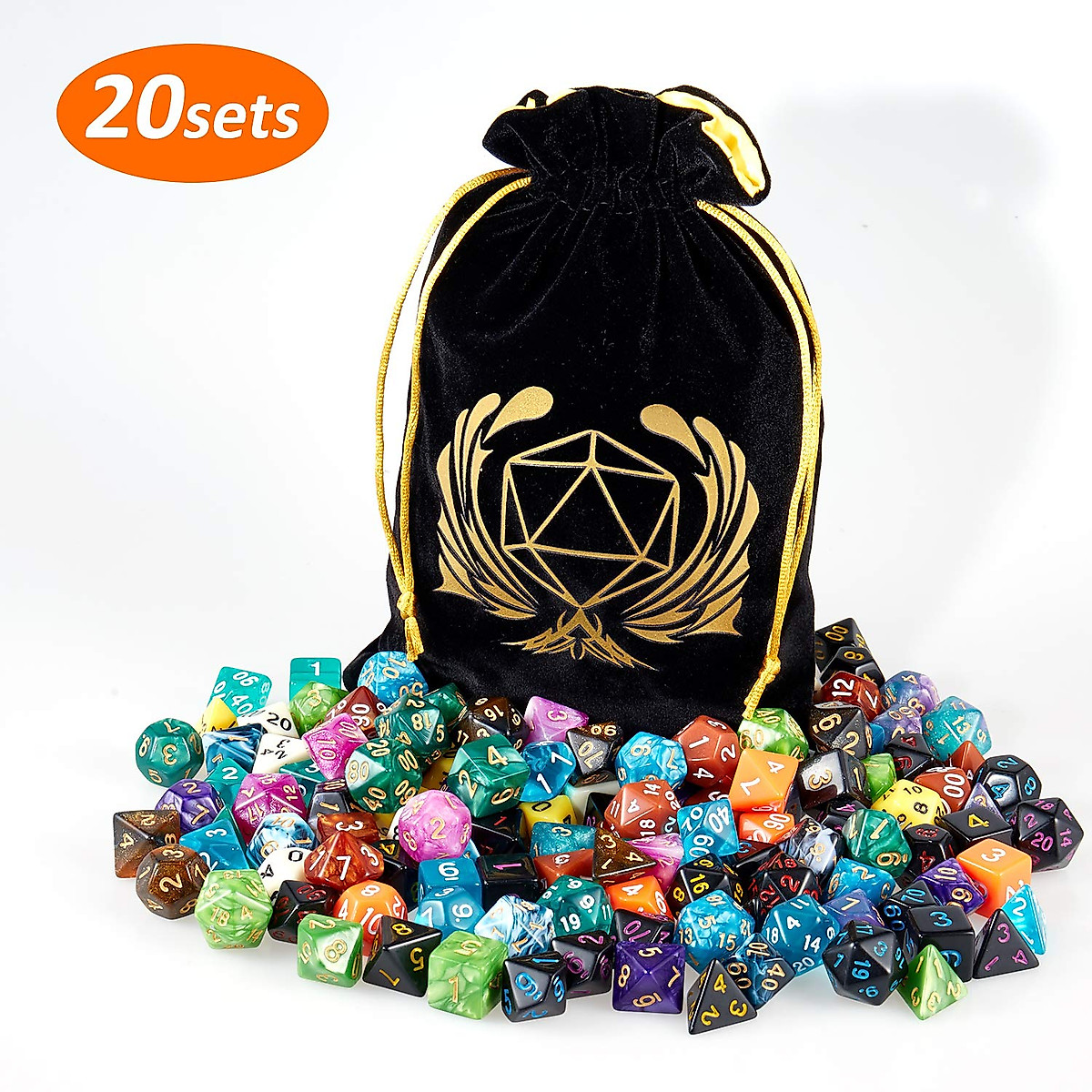 Coyeekn DND Dice Set, 20 x 7 (140 Pieces) Polyhedron Dice 20 Colors Dice for Dungeons and Dragons DND RPG MTG Table Games D4 D8 D10 D12 D20 with 1 Large Flannel Bag