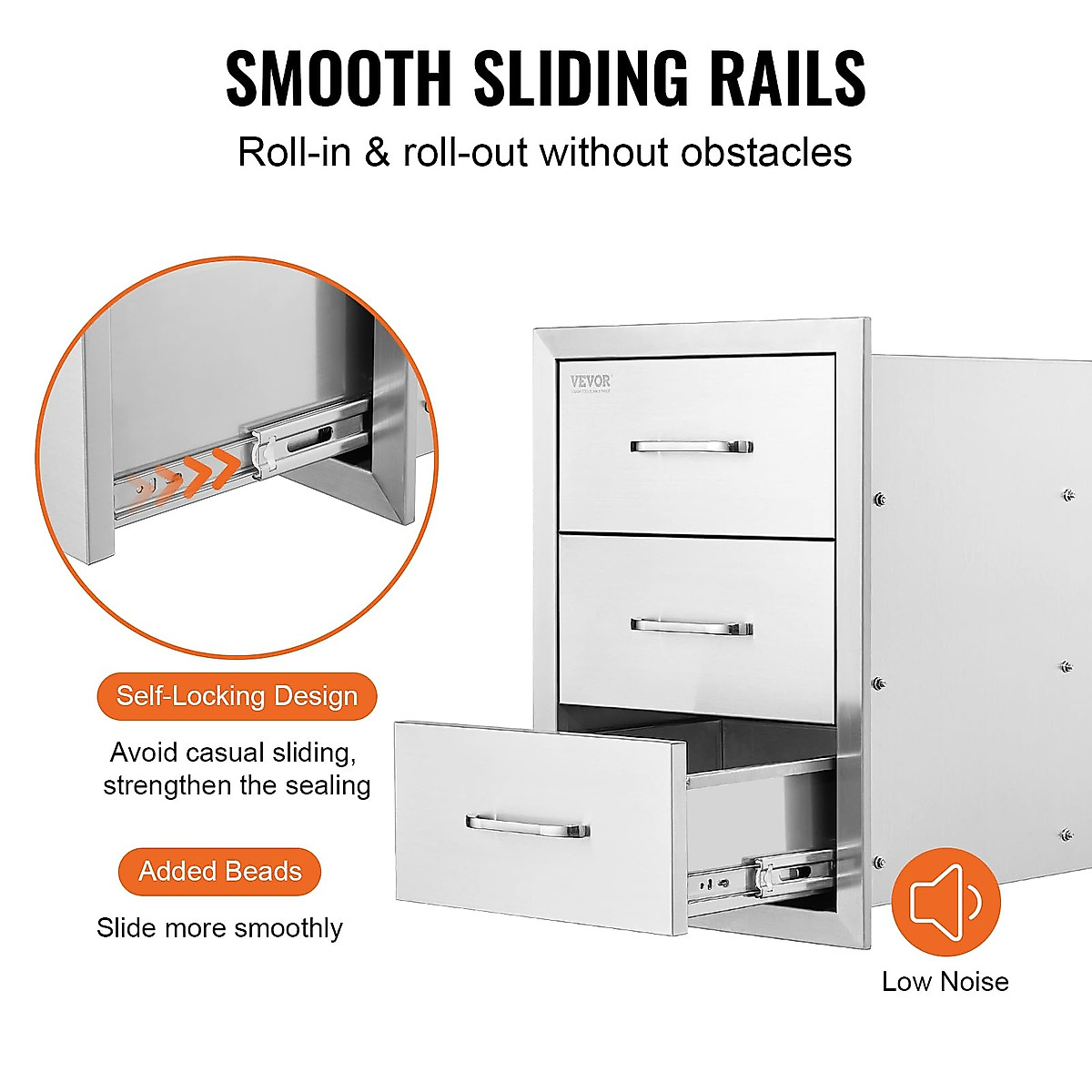 VEVOR Outdoor Kitchen Drawers 16" W x 21.5" H x 18" D, Flush Mount Triple Access BBQ Drawers with Stainless Steel Handle, BBQ Island for Outdoor Kitchens or BBQ Island Patio Grill Station