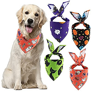 Halloween Dog Bandanas, 4 Pack Triangle Scarves Bibs for Dogs, Adjustable Premium Durable Fabric, Pumpkin Ghost Witch Horror Holiday Pet Bandanas for Small Medium Large Dogs Cats Pets