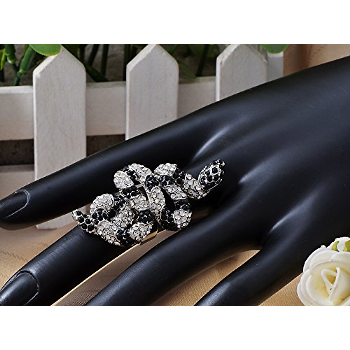 Alilang Womens Adjustable Silver Tone Clear Black Rhinestones Striped Snake Ring