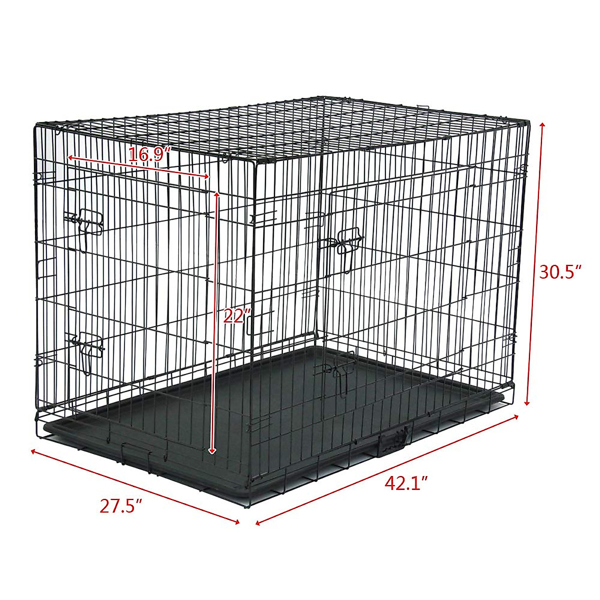 Dog Crate Large Foldable Dog Kennel Metal Wire Pet Dog Cage with Double-Door Leak-Proof Tray Divider Panel and Handle for Dog Cat Pet,Black (42")